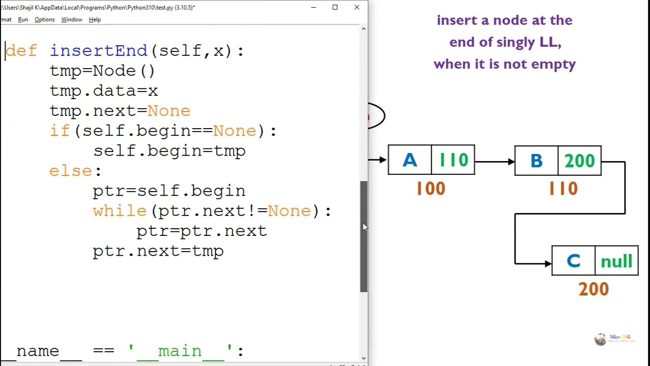insert a new node at the end of singly linked list python