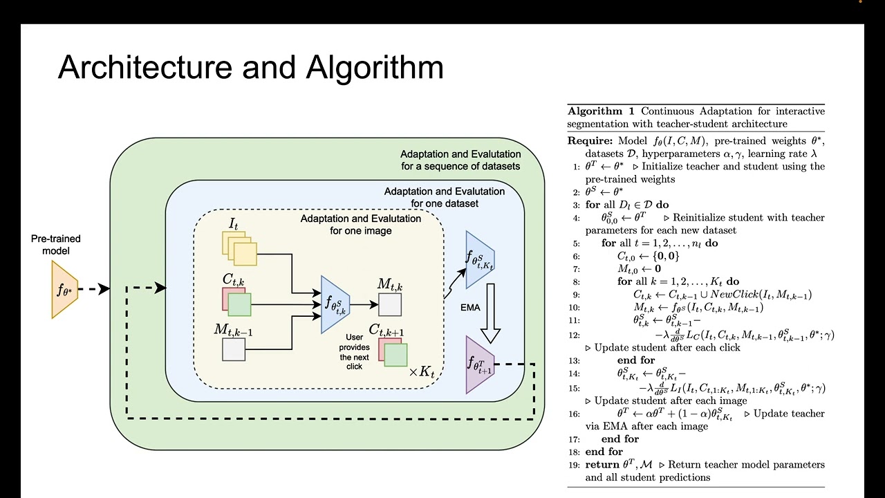 Continuous Adaptation for Interactive Segmentation Using Teacher-Student Architecture