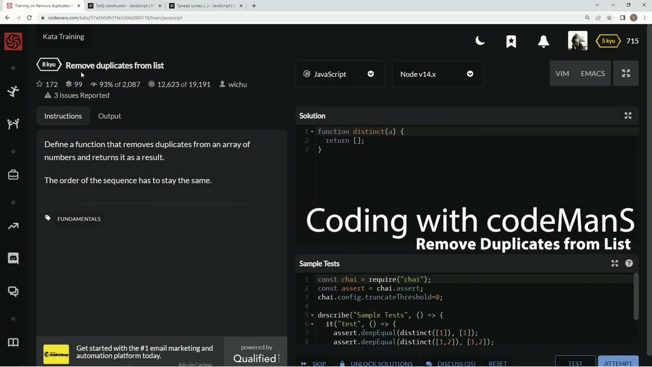 Codewars 8 kyu Remove Duplicates from List Javascript
