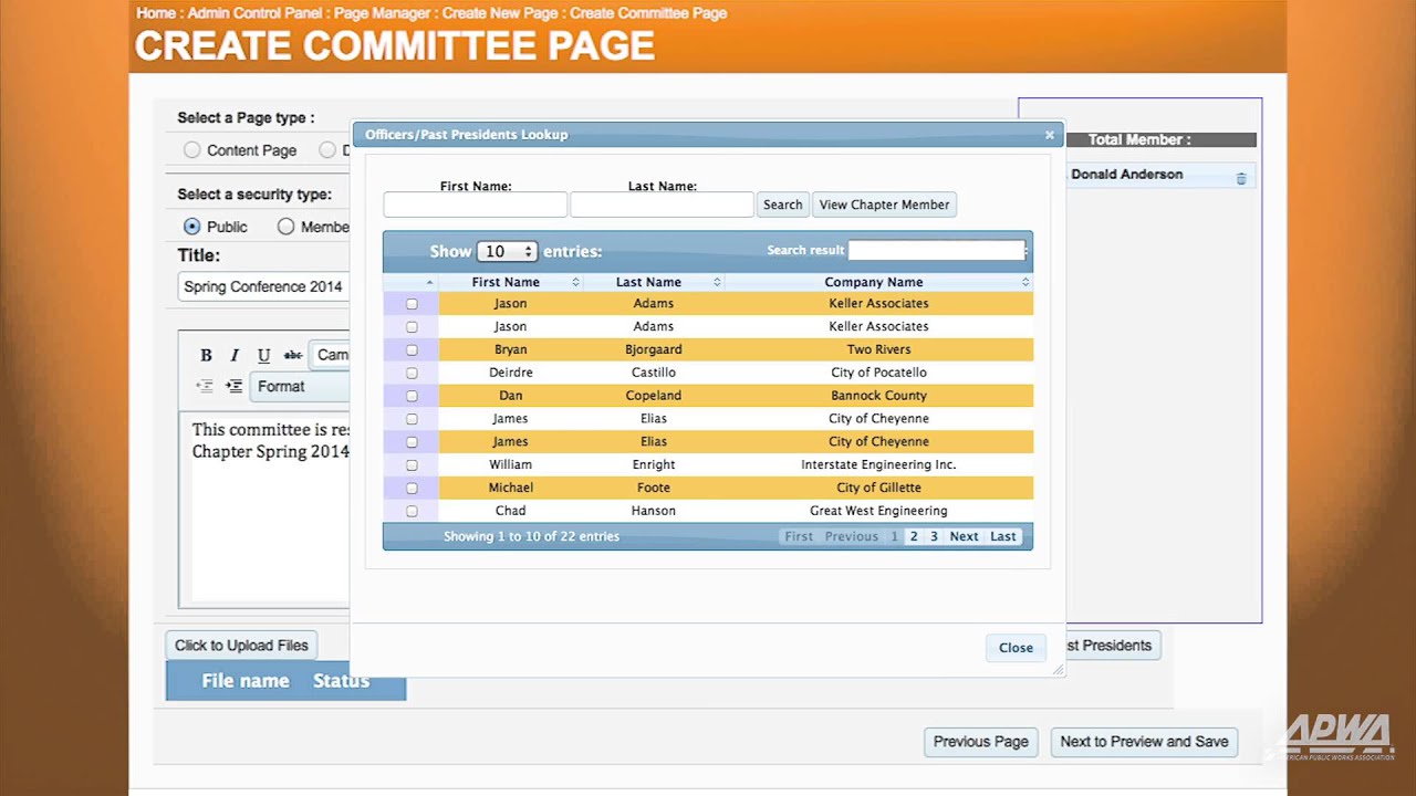 Create a Committee page for your APWA Chapter Website Template