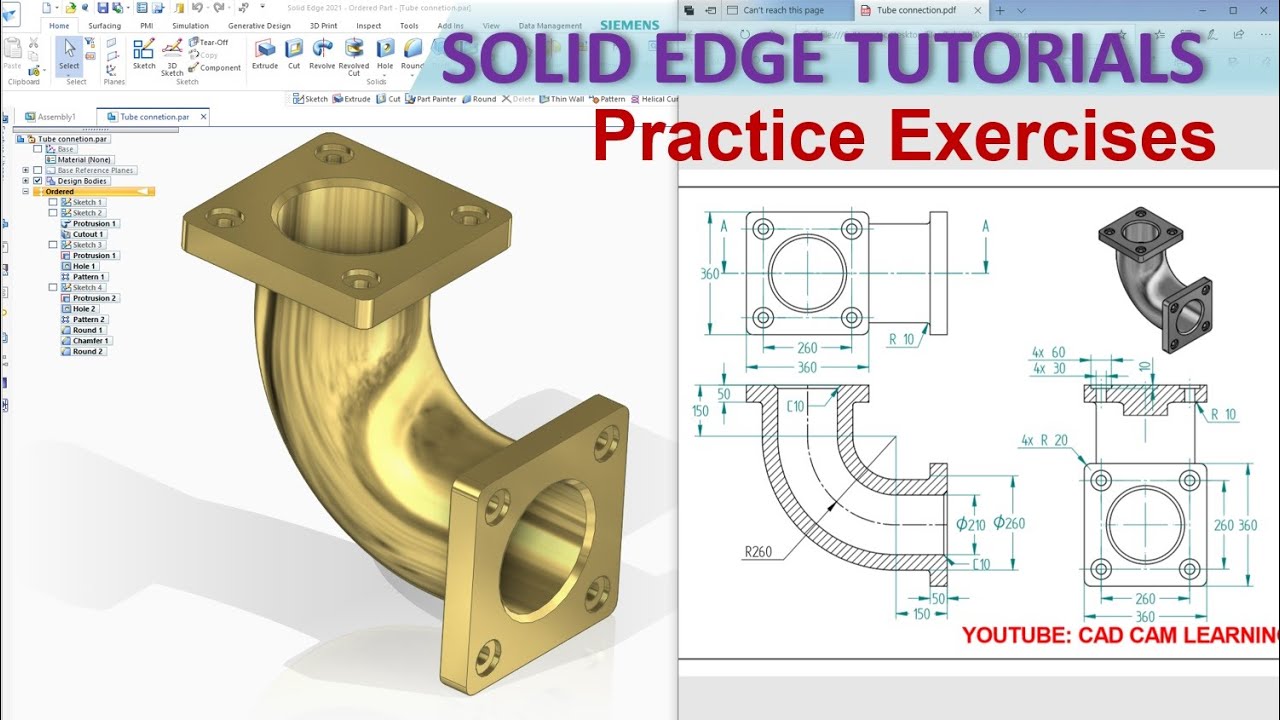Solid Edge Part Modeling Tutorials #50 | Practice Exercises for Beginners (Design Pipe connection)