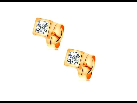 Jewellery - 14K gold earrings - glossy zircon in clear colour in shiny square mount