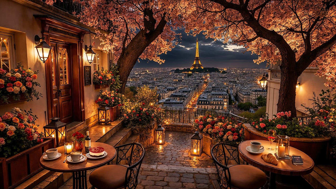 Cherry Blossom Night Jazz in Paris ☕ Eiffel Tower Café Ambience & Smooth Jazz for Study & Relax