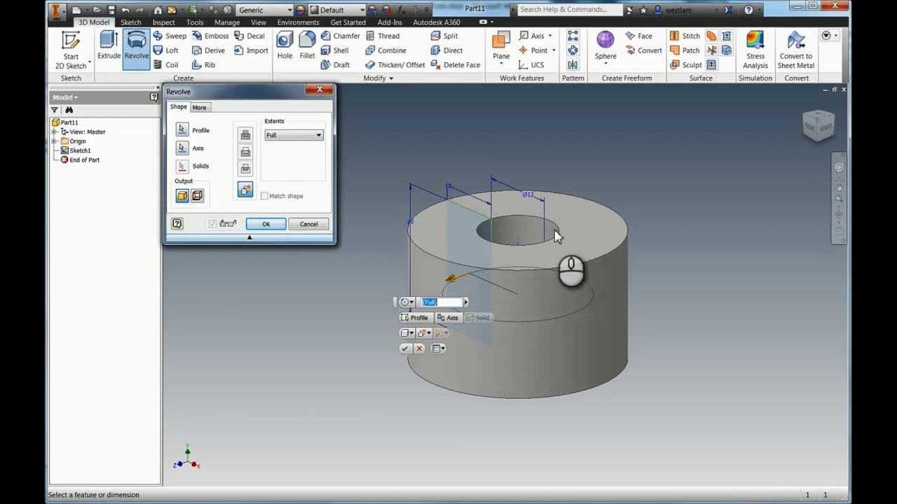 Using the revolve tool in Autodesk Inventor