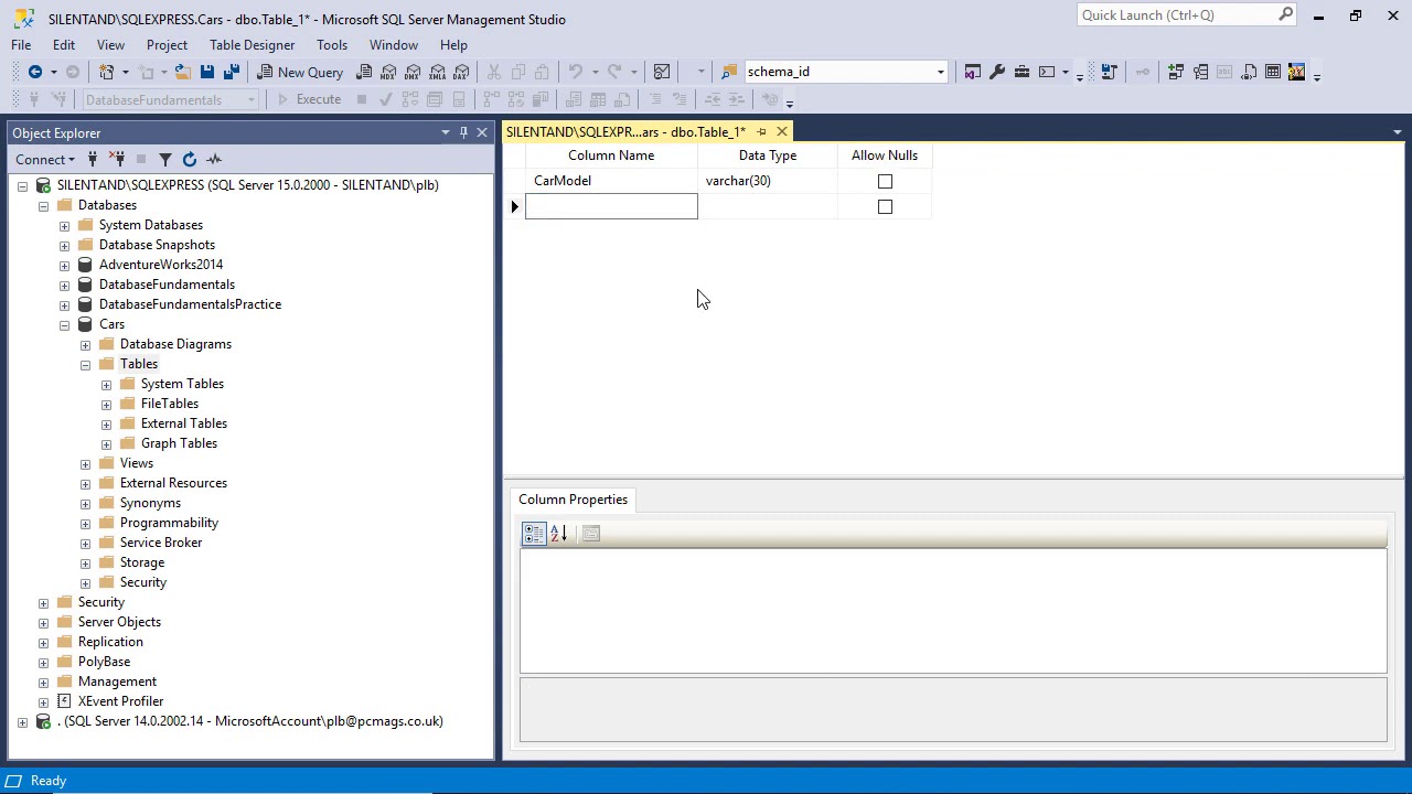 Creating a table in Microsoft SQL Server - using the GUI