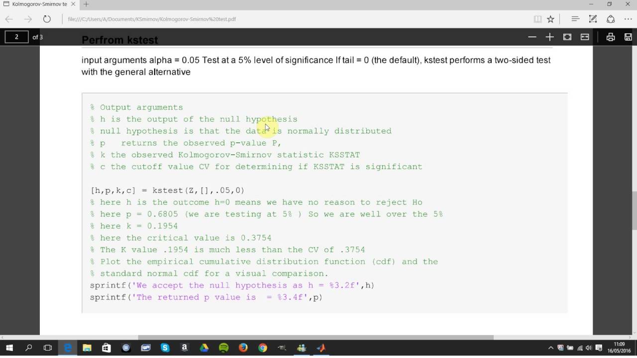 Kolmogorov-Smirnov test in Matlab