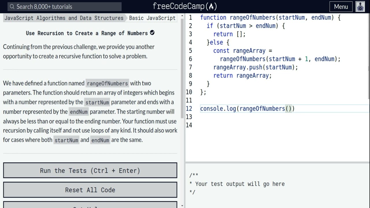 Lesson 113 | Basic JavaScript | Use Recursion to Create a Range of Numbers