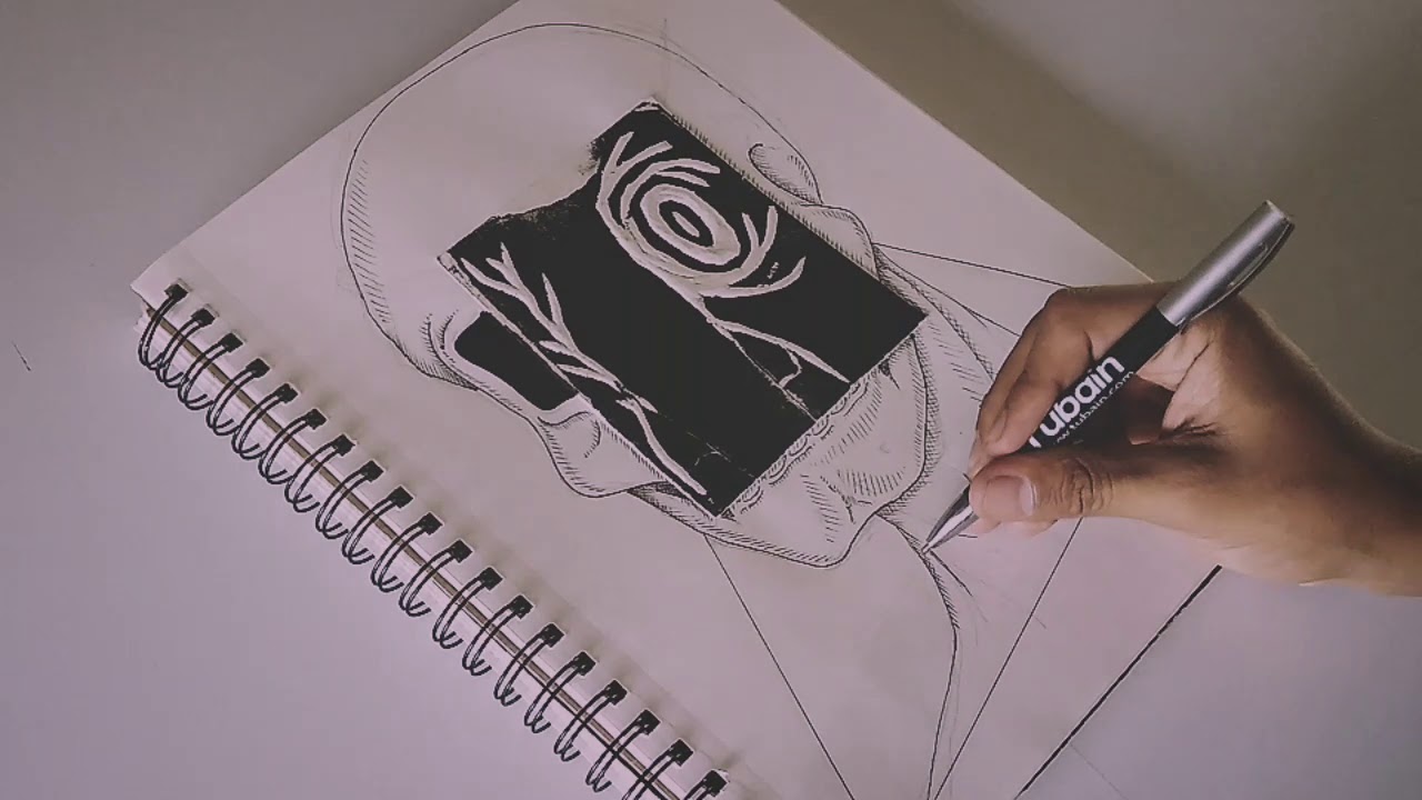 Xilografía intervenida con dibujo a tinta 
