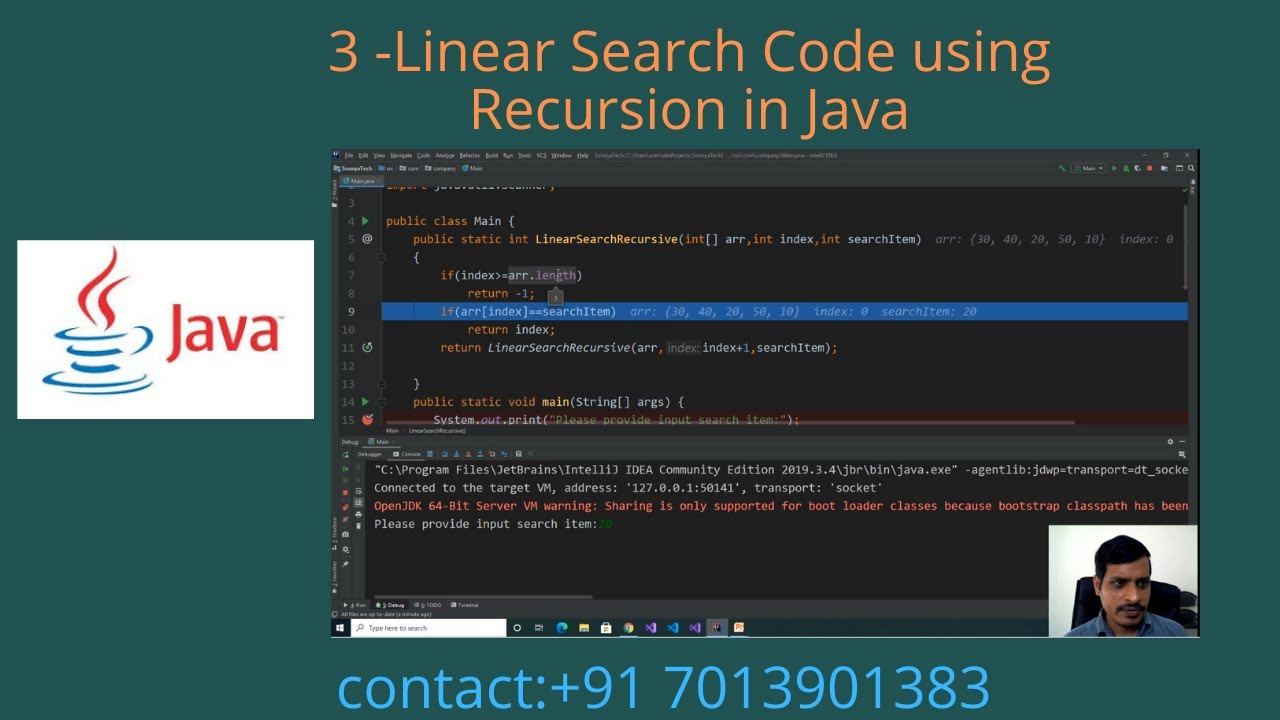 3 -Linear Search Algorithm Code using Recursion in Java