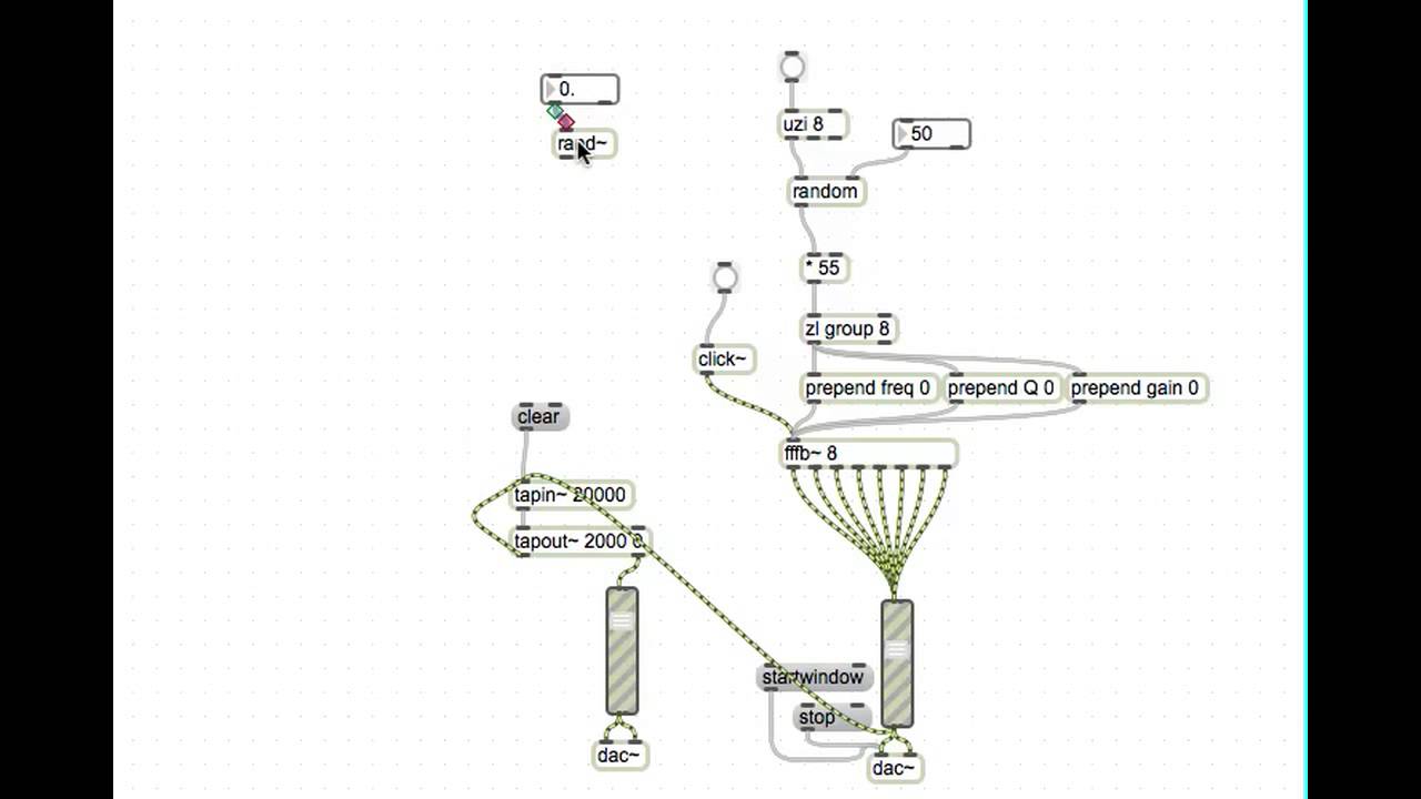 Max MSP patch: Resonances with feedback (live coding)