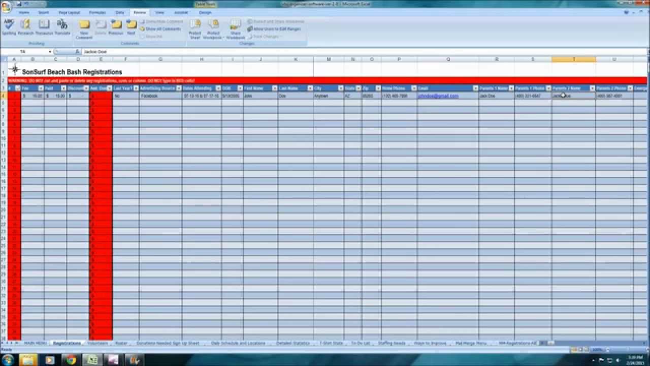 Vacation Bible School Spreadsheet - Administration - Registration and Payments
