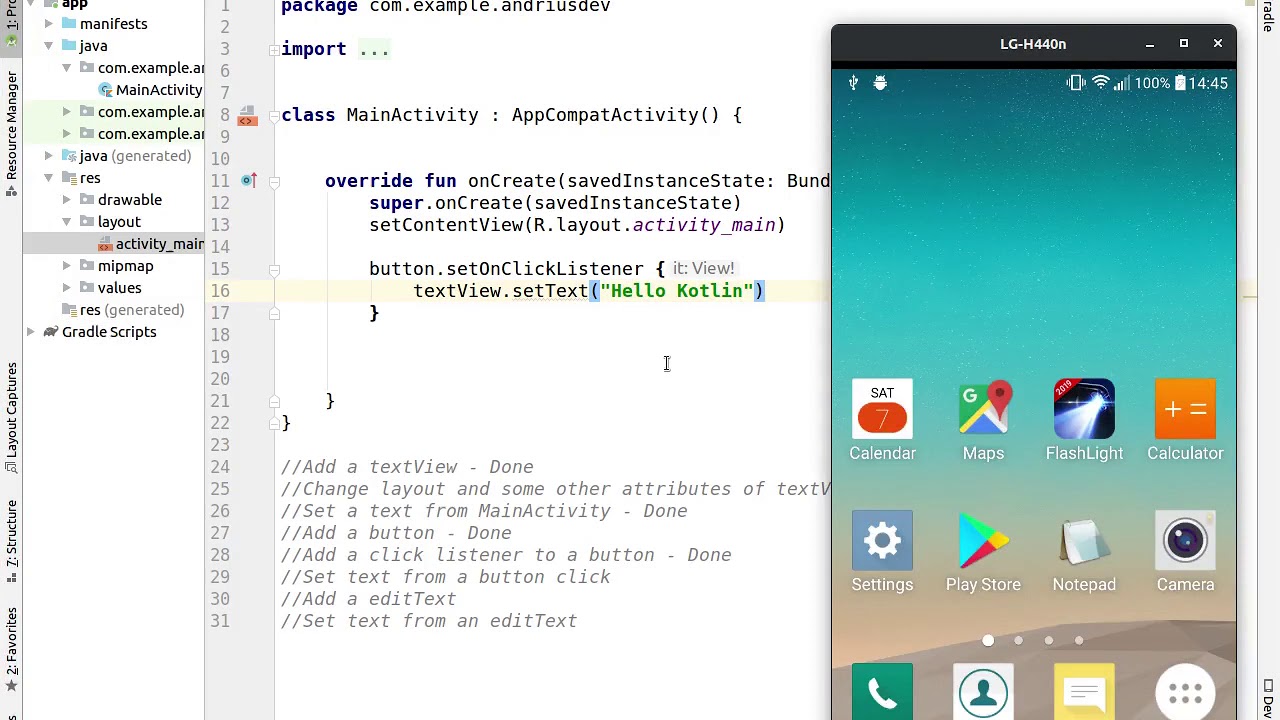 Android Studio Examples -  button, textView, editText, click listener