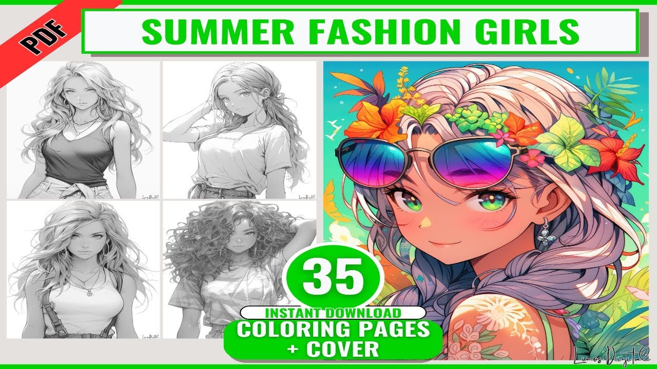 Summer Fashion Girls Adult Coloring Book 35 Summer Coloring Pages, PDF & JPG,Grayscale Fashion Girls