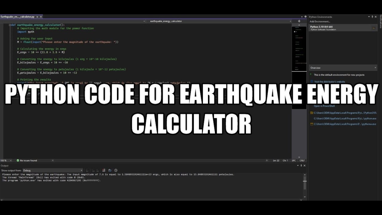 Python code for earthquake energy calculator