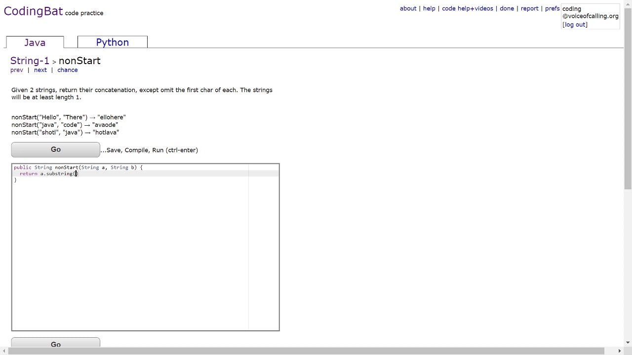 String-1 (nonStart) Java Tutorial || Codingbat.com