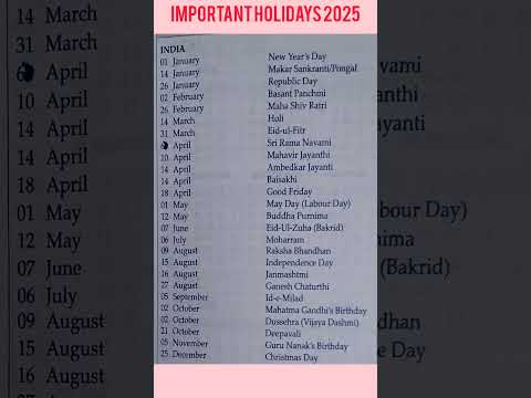IMPORTANT HOLIDAYS IN INDIA FROM JANUARY TO DECEMBER 2025 WITH DATE #shortsviral @Nissarwritings