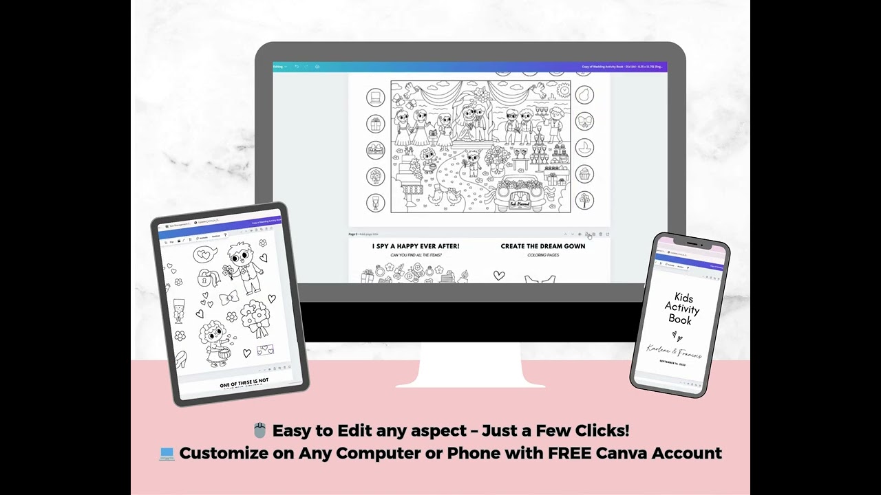 Personalized Wedding Coloring Book for Kids | 40 Editable Pages | Printable Activity Booklet Canva