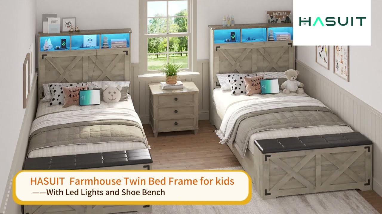 Hasuit Farmhouse Bed Frame Twin Size with Storage Headboard