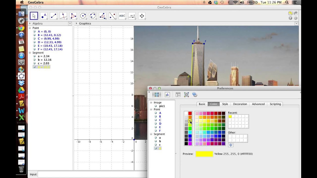 points lines segments and colors in geogebra