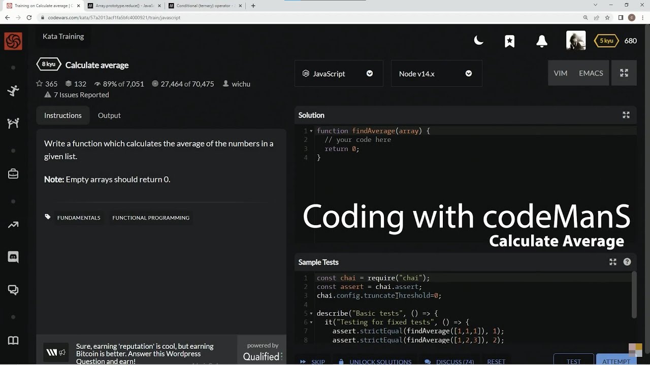 Codewars 8 kyu Calculate Average Javascript