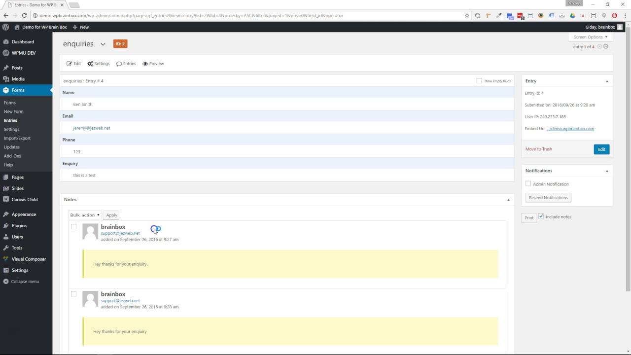 Gravity Forms - Adding notes to an entry from the dashboard