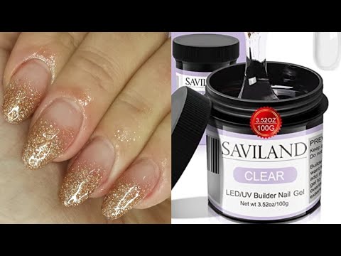Review Saviland Hard Builder Gel [Sculpted Almond Glitter Fade Nails]