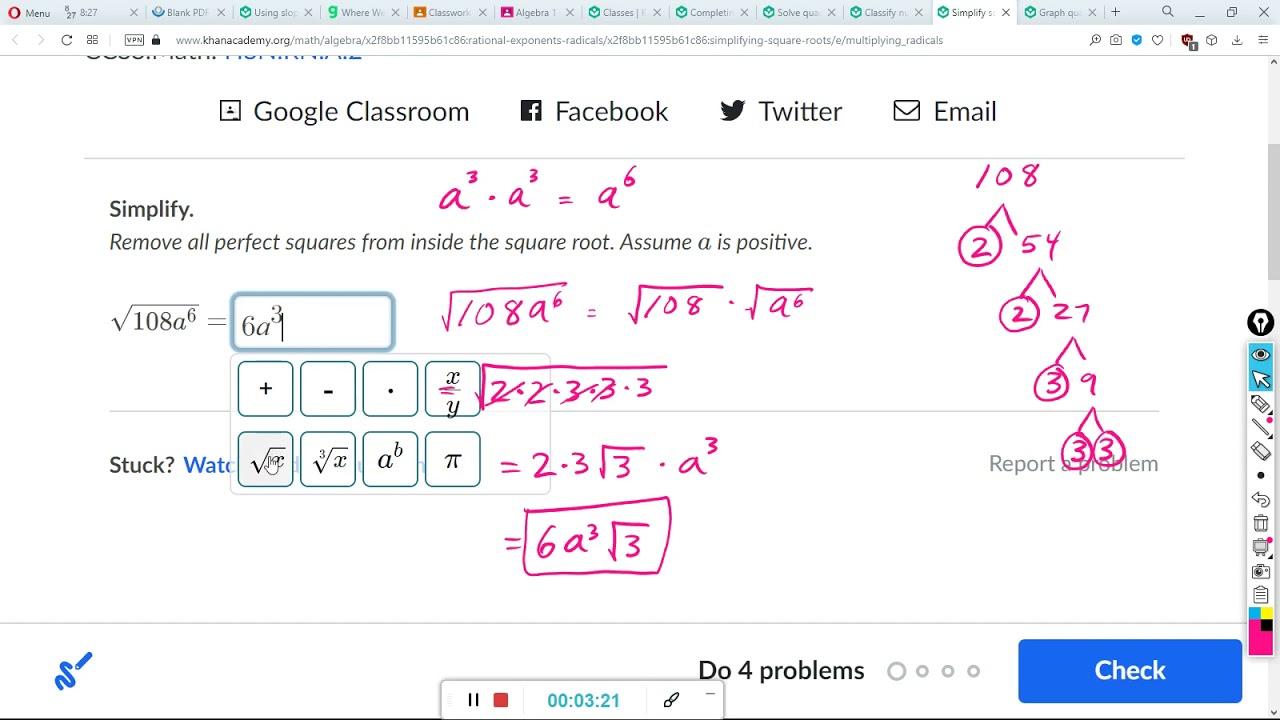 Simplify square roots (variables) : Khan Academy