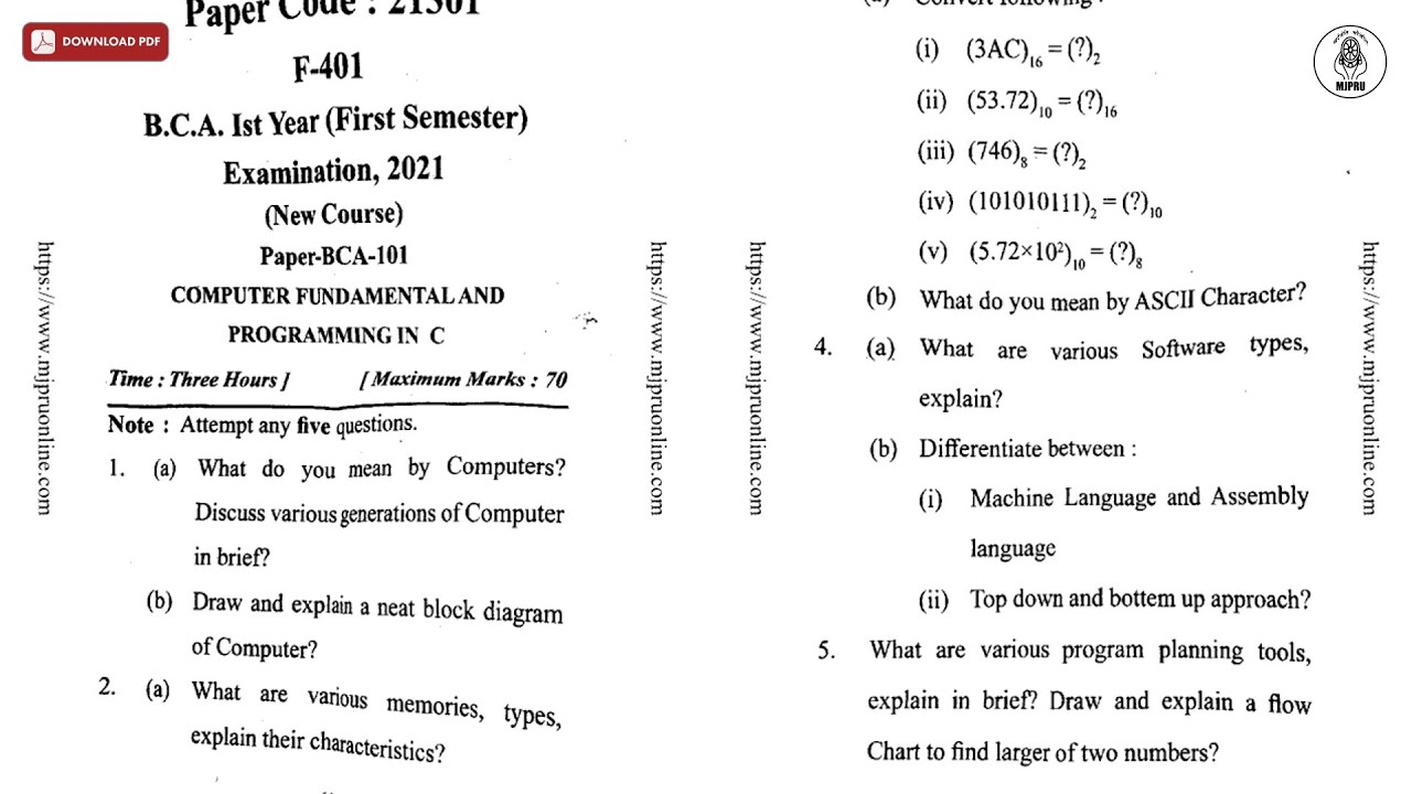 BCA 1ST SEM COMPUTER FUNDAMENTAL AND PROGRAMMING IN C 2021 | MJPRU