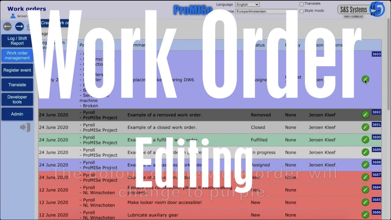 Work Order Management editing a work order