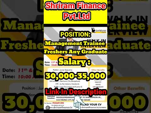 Shriram Finance Recruitment For Management Trainee (Fresher's)Any Graduate #shorts #trendingshorts