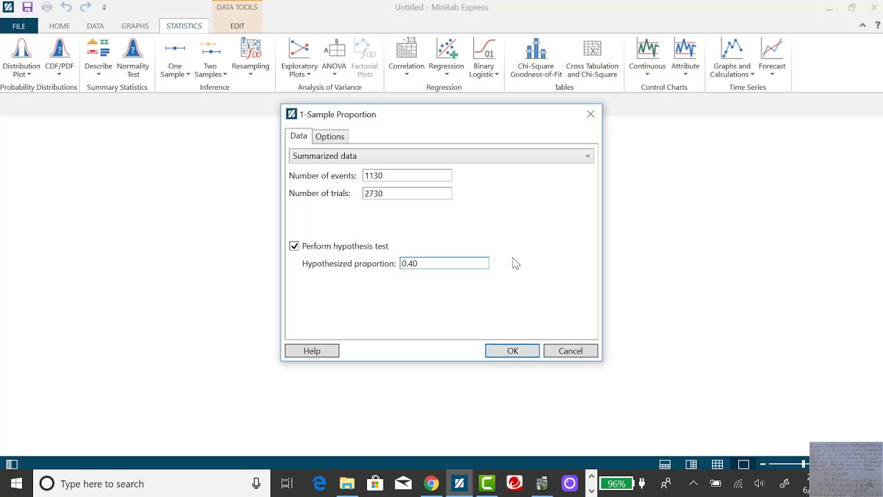 Minitab Express: Hypothesis Test for Proportion - Right-Tailed