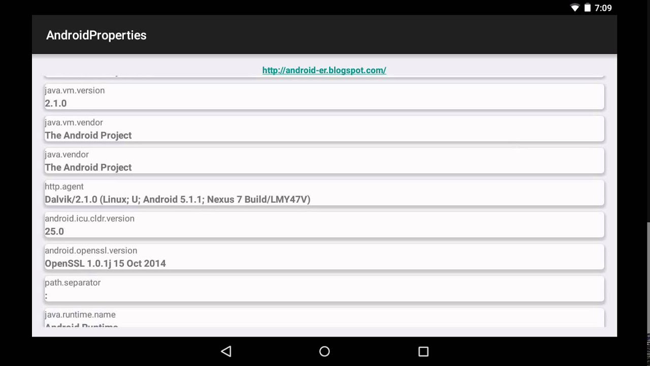 RecyclerView + CardView example - list system properties - on Nexus 7 Android 5.1.1
