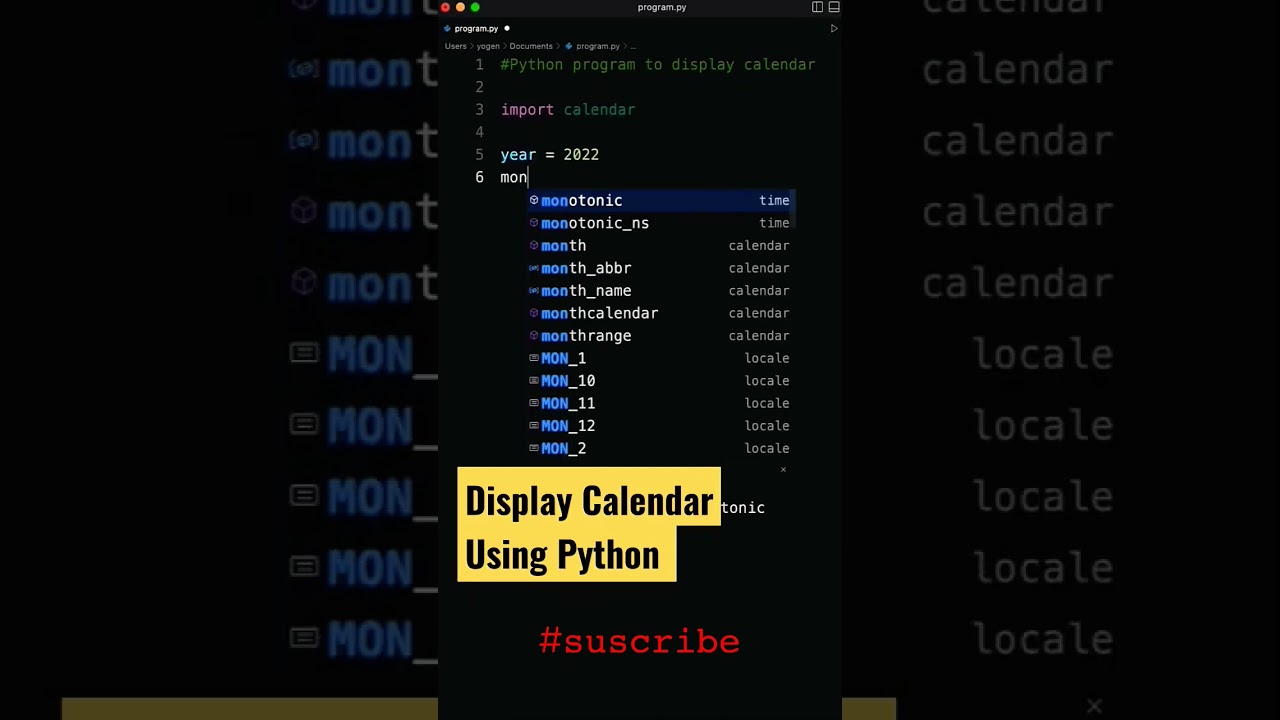Display calendar using python programming language#shorts #like #programming #subscribe #python