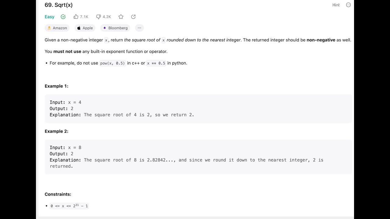 1 Binary Search - Leetcode 69 Sqrt(x) - Java