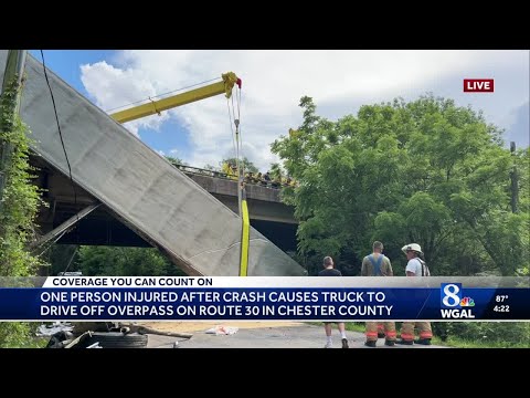 Vehicle crash causes truck to drive off overpass on Rt. 30 in Chester County