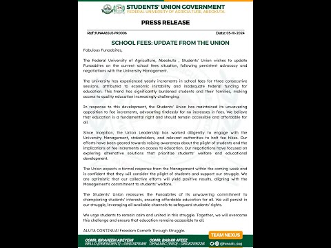 FUNAAB Students' Union Pushes Back Against School Fees Increase   Federal University of Agriculture,