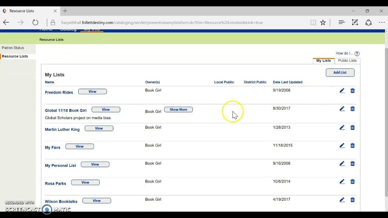 Resource Lists in Destiny Library Catalog