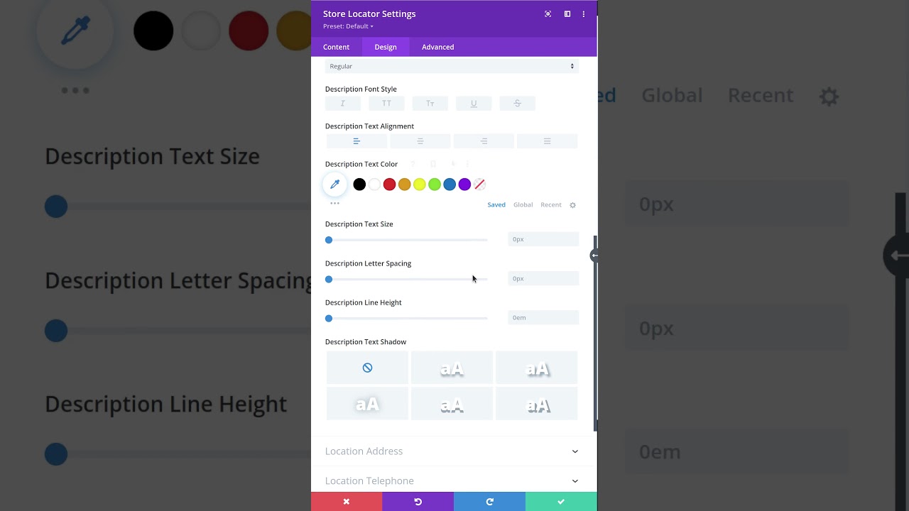 Location Description (Design Tab) - Divi Store Locator Module Settings