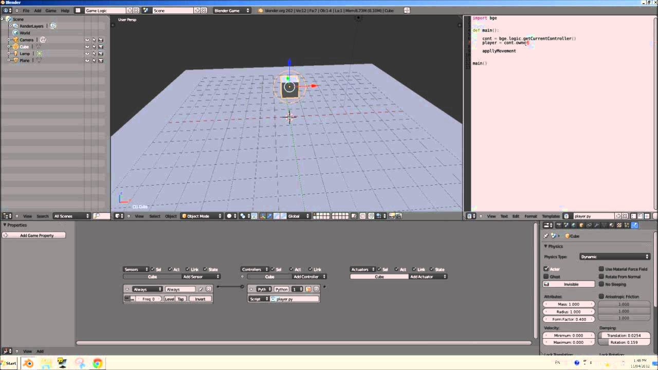 [HD] Blender 2.6 Game Engine Python Scripting Tutorial - Basic Movement (Part 01)