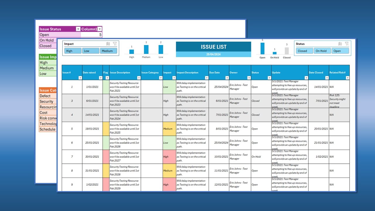 Create an Issue List in Excel | Issue Management for Project Management } Issue Log creation