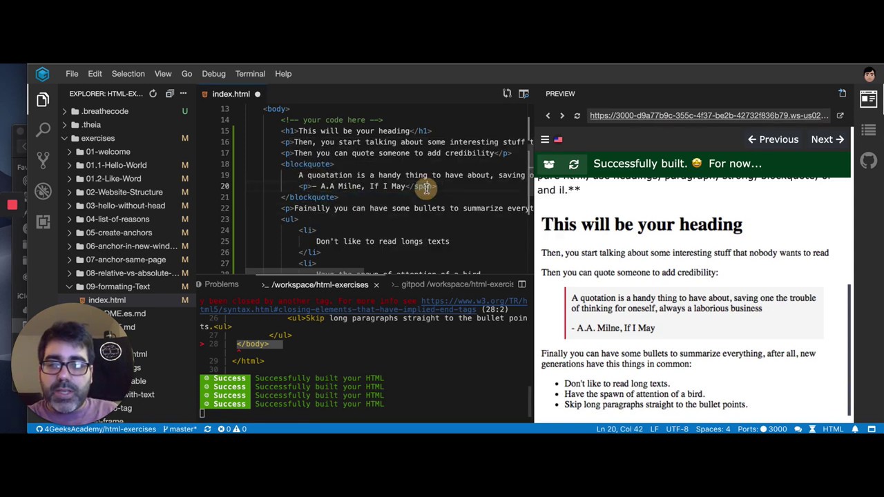 Formatting text in HTML  - HTML Interactive Exercises/Course