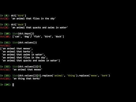Silent Python Tutorial - Dictionaries (accessing values, working with lists of keys and values)