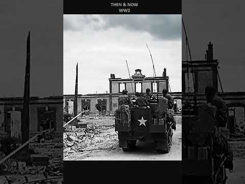 Coutances, France U S Jeep is heading towards the place de la Gare in ruins