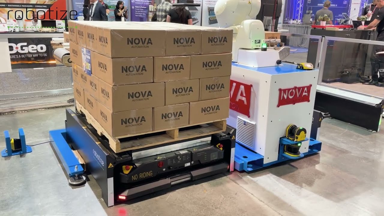 Robotize GoPal U24W pallet AMR (US/UK pallets) working with palletizer from NOVA Automation.