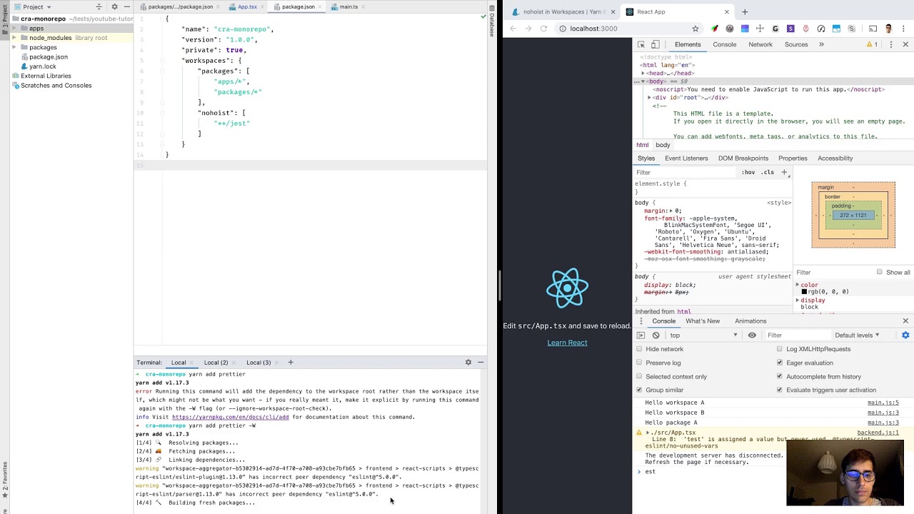 Create a monorepo with yarn workspaces and create react app