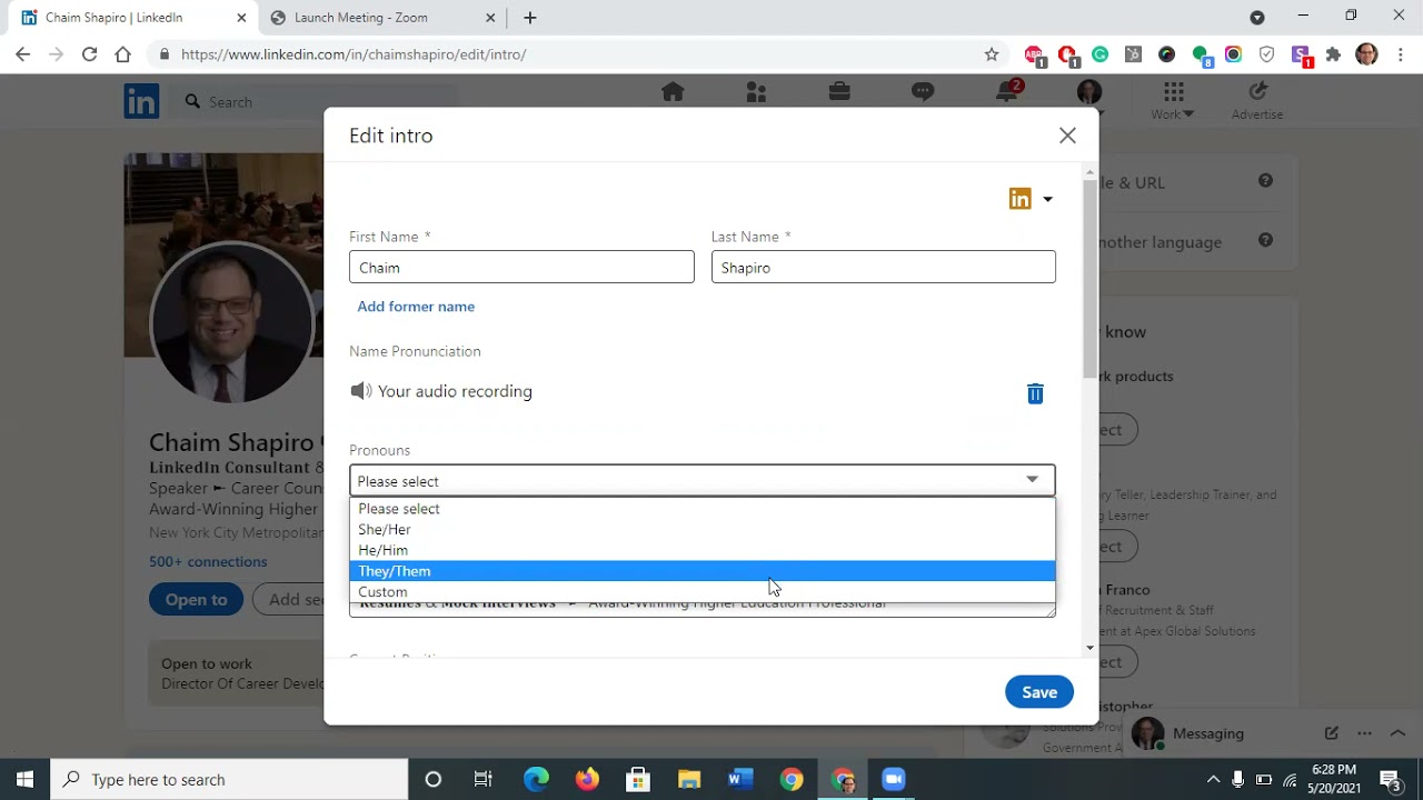 Set LinkedIn Pronouns