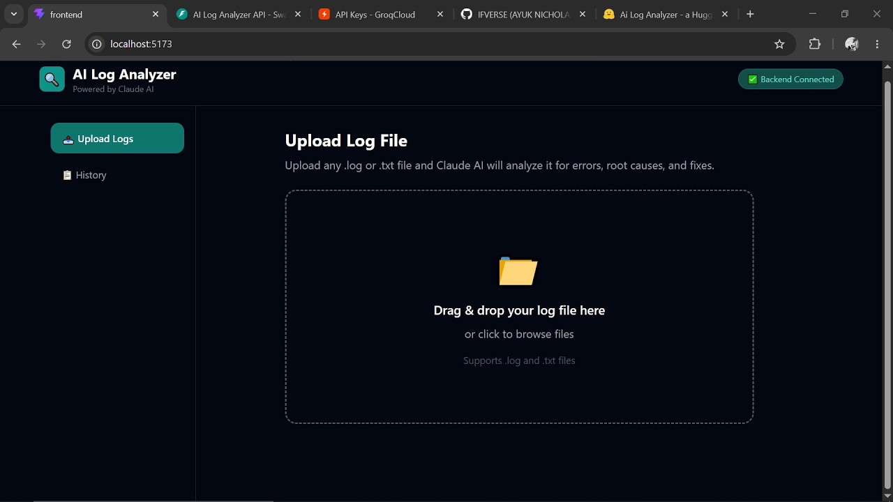 AI Log Analyzer — Full Stack AI App (React + FastAPI + Groq LLaMA 3.3)