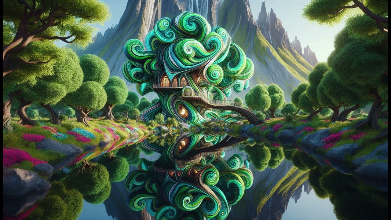 Psychedelic Green Tree House Wallpaper / Background