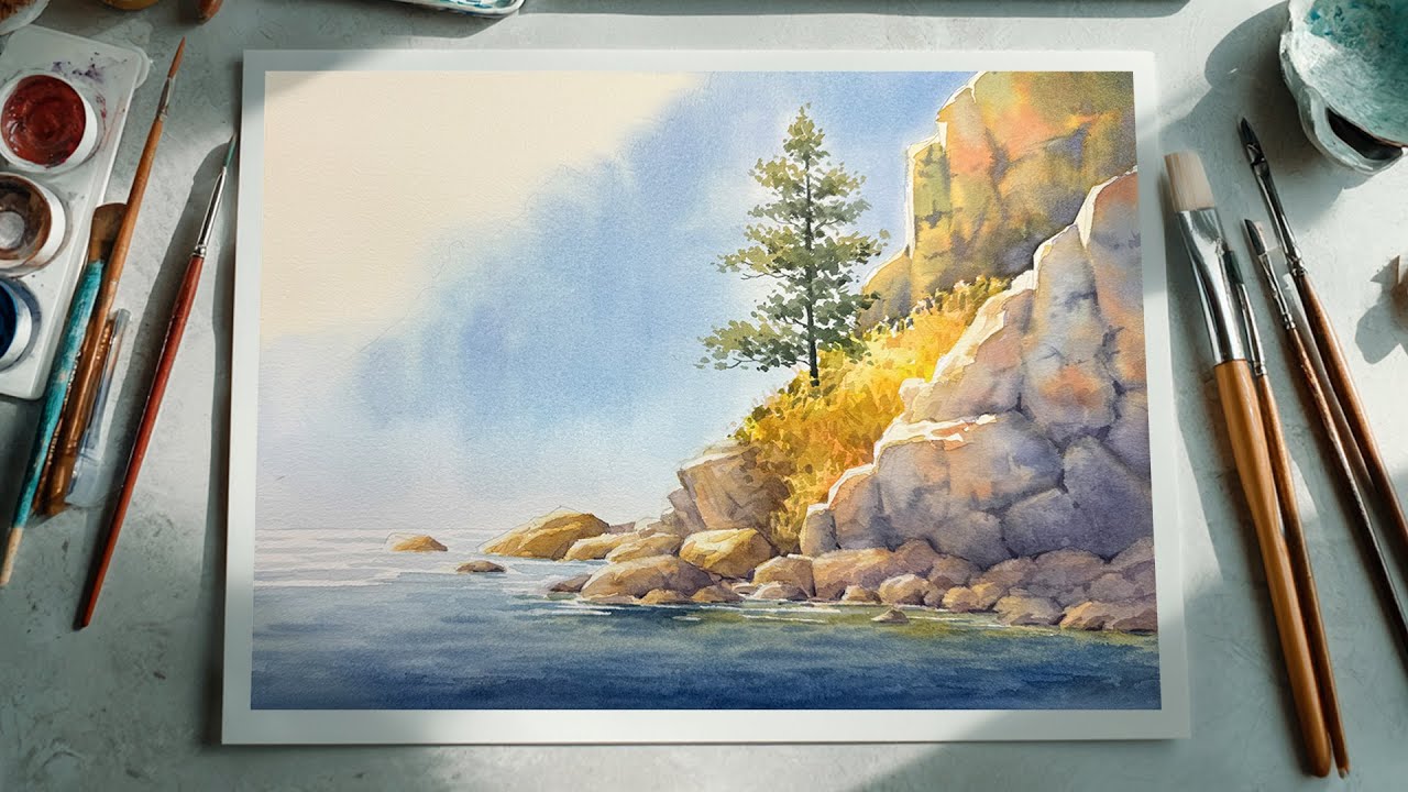 Watercolor Seascape Painting – Rocky Coast & Pine Tree