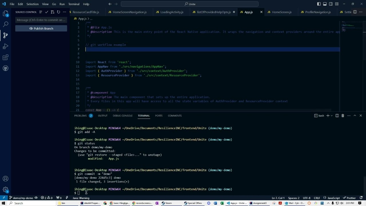 git branch, add, commit, push, pull request workflow